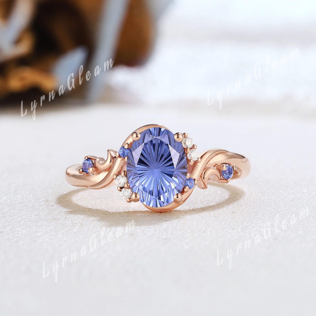 Unique Firework Cut Blue Sapphire Engagement Ring Rose Gold Moon and ...