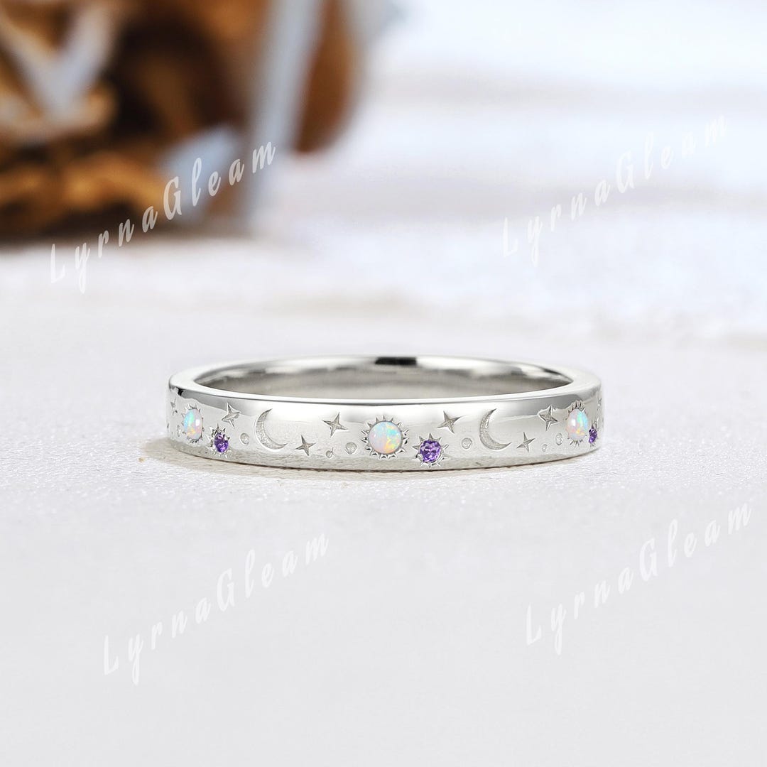 Unique Two Birthstone Amethyst Opal Wedding Band White Gold Celestial ...