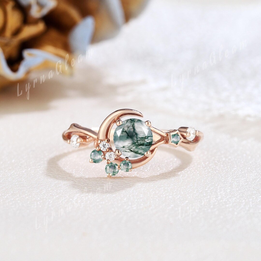 Unique Round Moss Agate Moon Engagement Ring Sterling Silver Crescent Moon Celestial Wedding ...