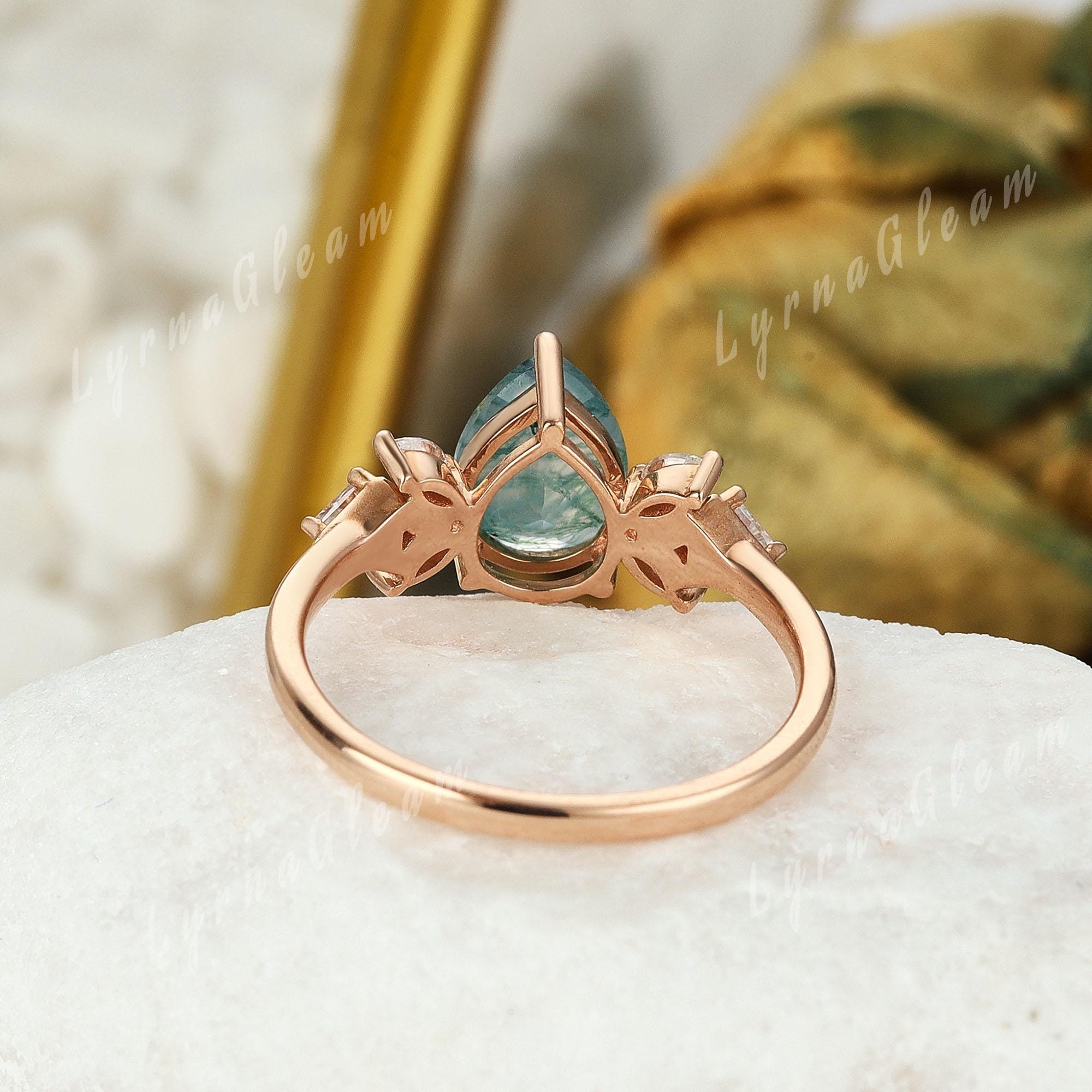 Pear Cut Moss Agate Moon Engagement Ring Sterling Sliver Nature ...