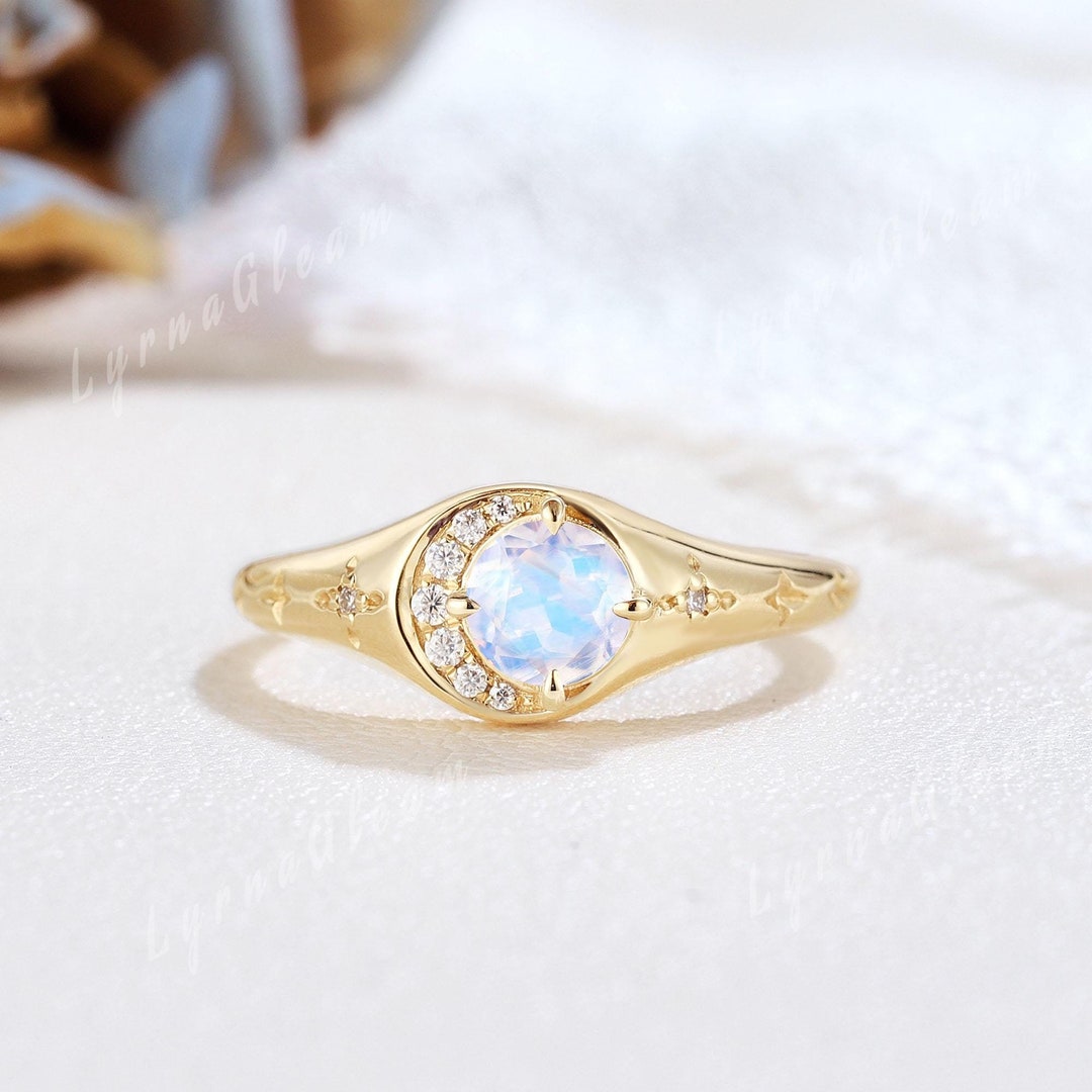Unique Moonstone Moon Engagement Ring Sterling Silver Celestial Wedding ...