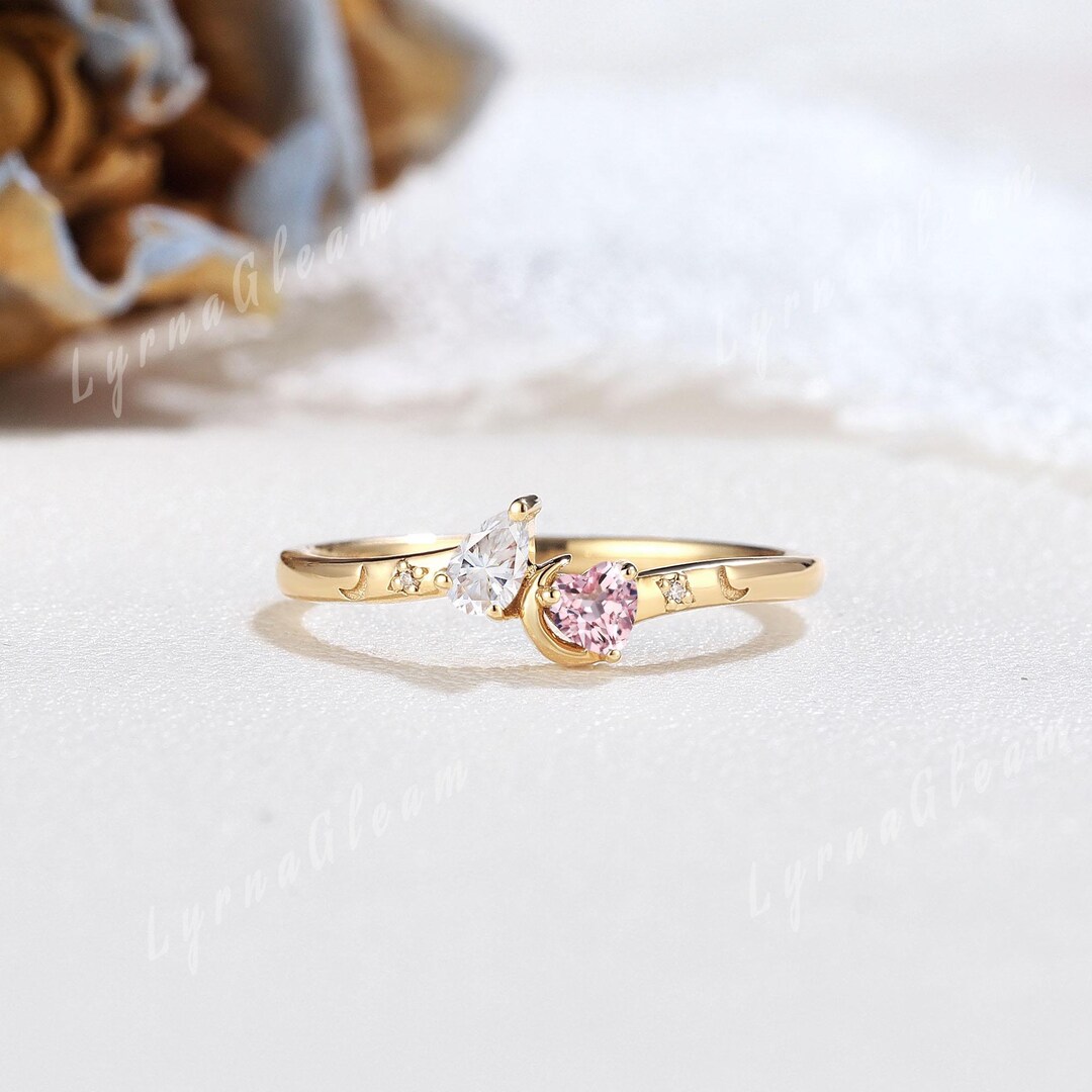 Unique Two Stone Moon Engagement Ring Sterling Silver Moon Engraved ...
