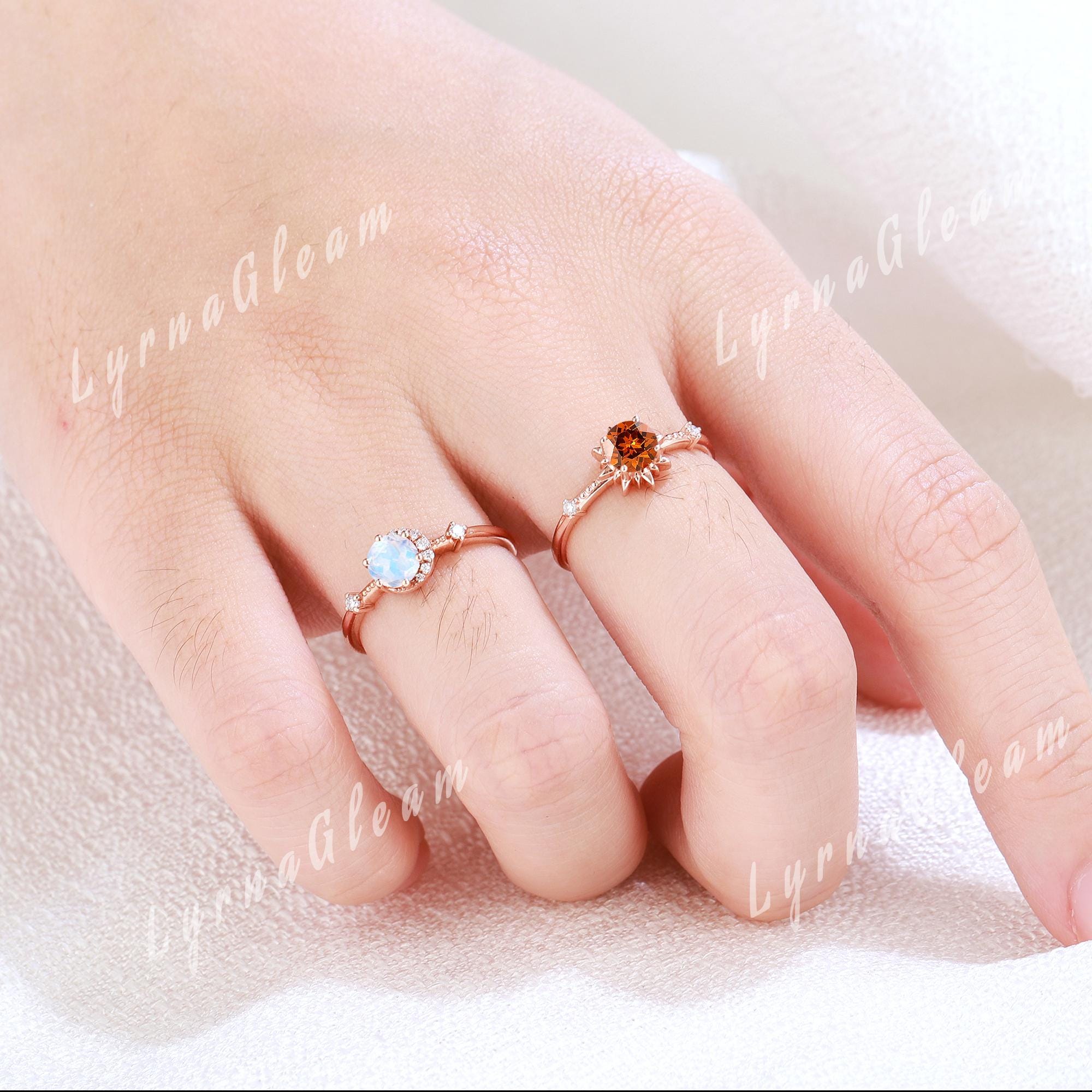 Unique Sun and Moon Engagement Ring Set Solid Gold Moonstone Ring ...