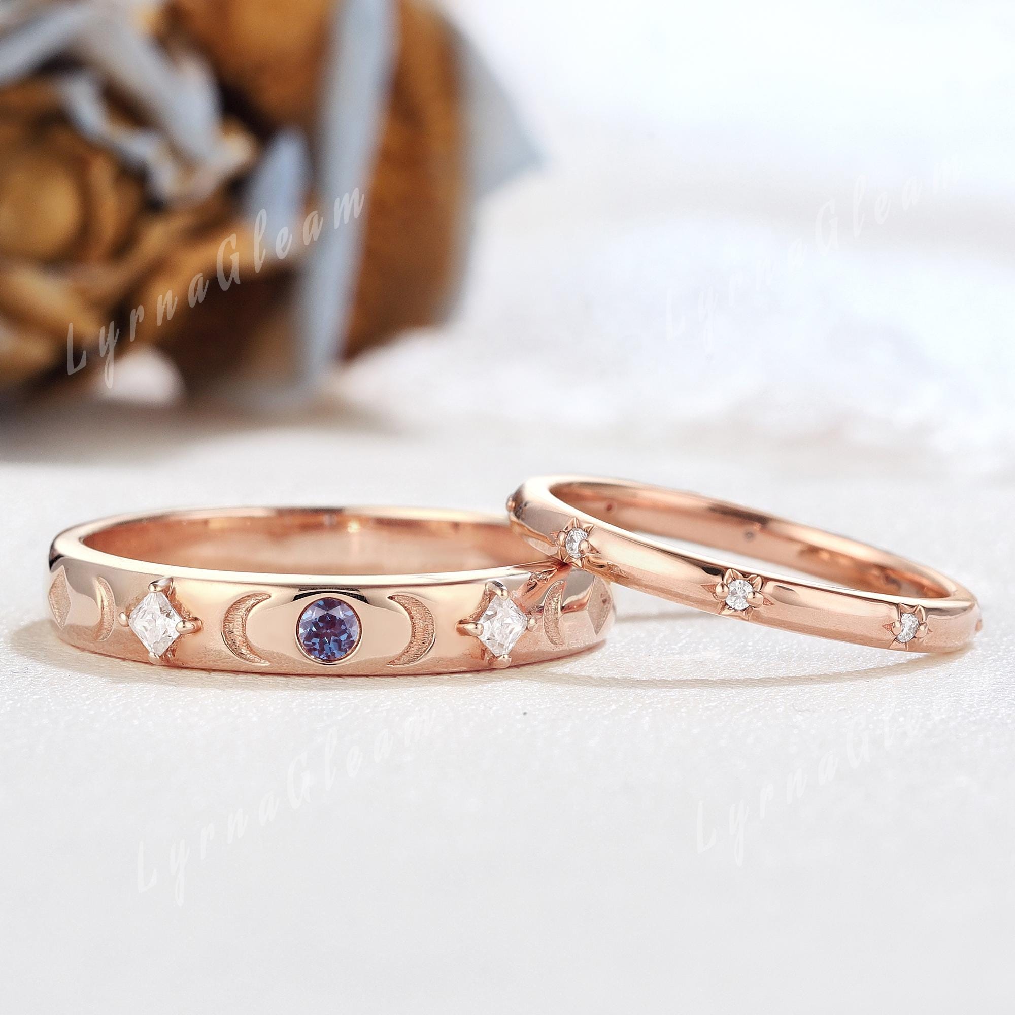 2pc Moon Engraving Couples Ring Set Rose Gold Alexandrite Moon Wedding ...