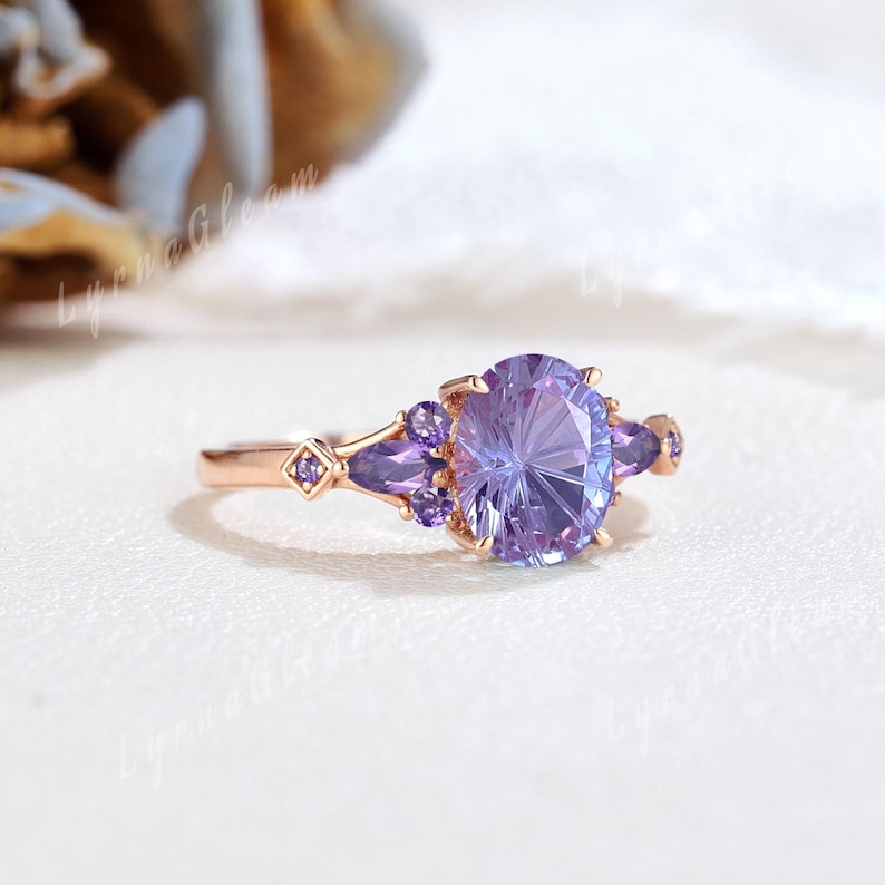 Oval Firework Cut Alexandrite Engagement Ring Rose Gold Amethyst ...