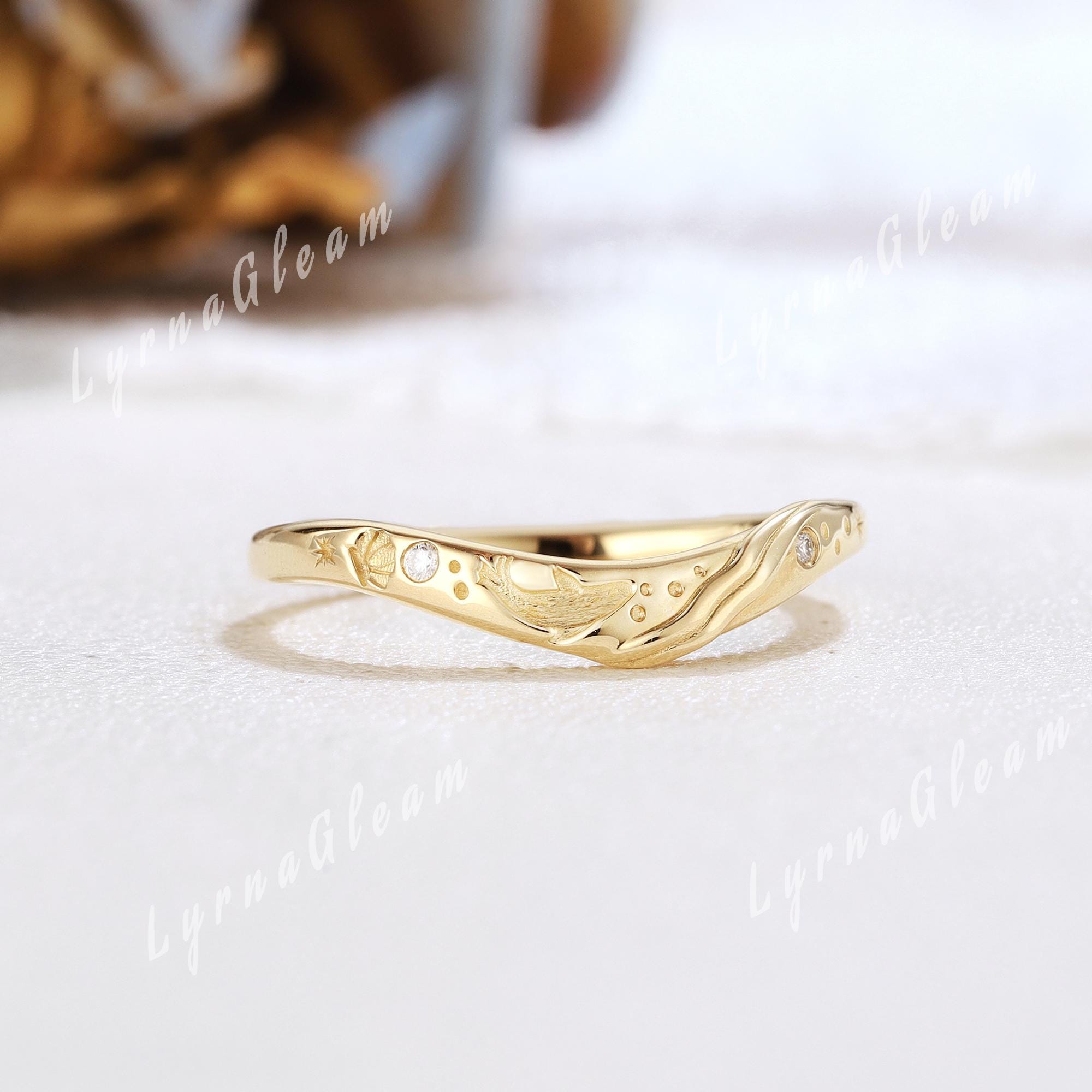 Unique Ocean Ring Diamond Curved Wedding Band Solid Gold Whale Sea ...