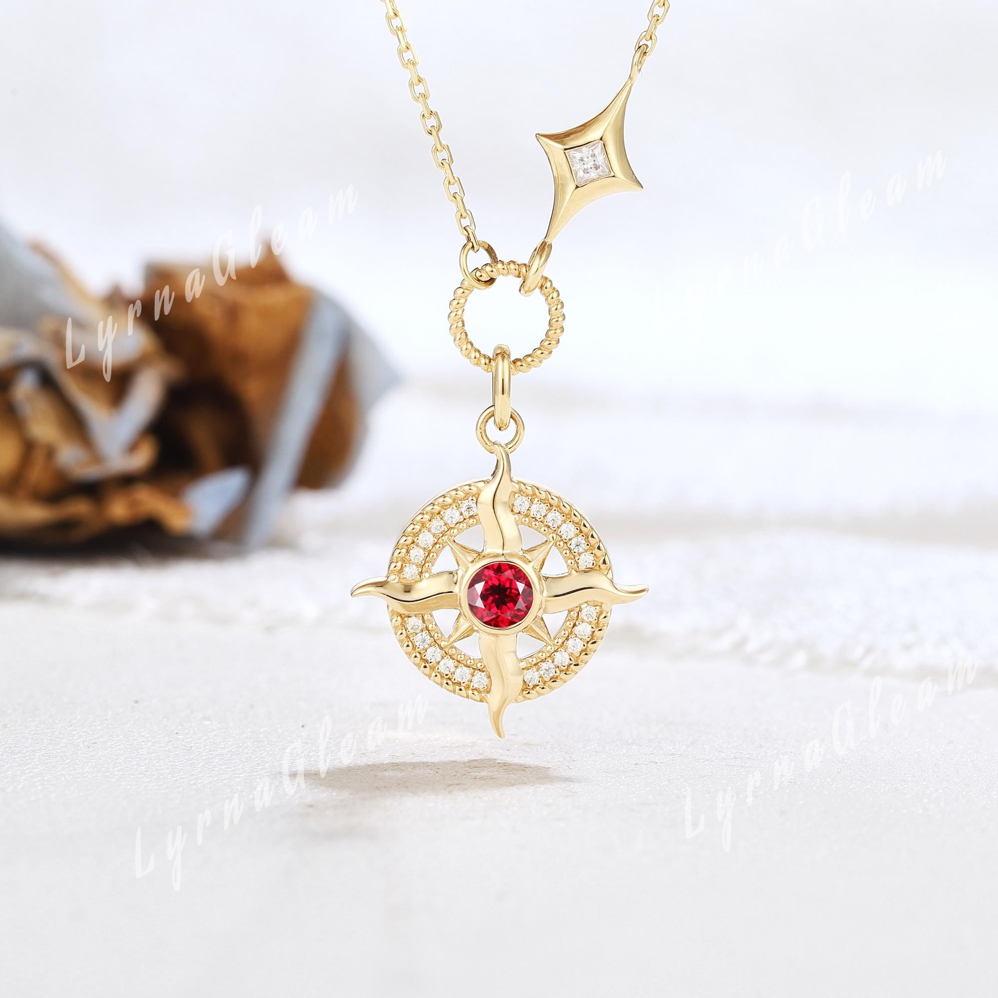 Unique Ruby Sun Pendant Necklace Compass Ruby Necklace Celestial ...