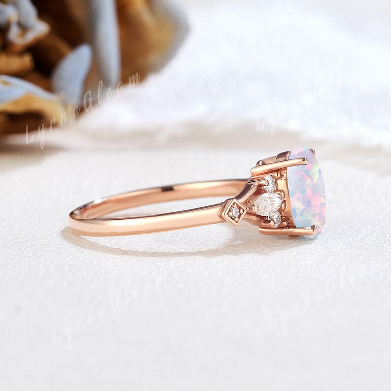 Unique Oval Shape Opal Engagement Ring Sterling Silver Moissanite Moonlit Celestial Wedding Ring ...