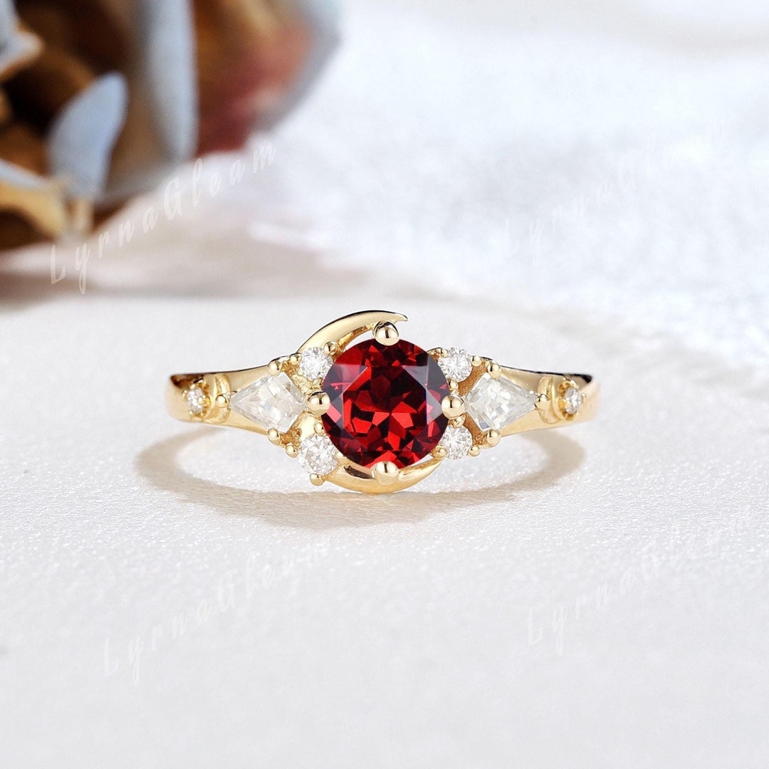 Unique Moon Engagement Ring Garnet Birthstone Ring Yellow Gold Moon ...