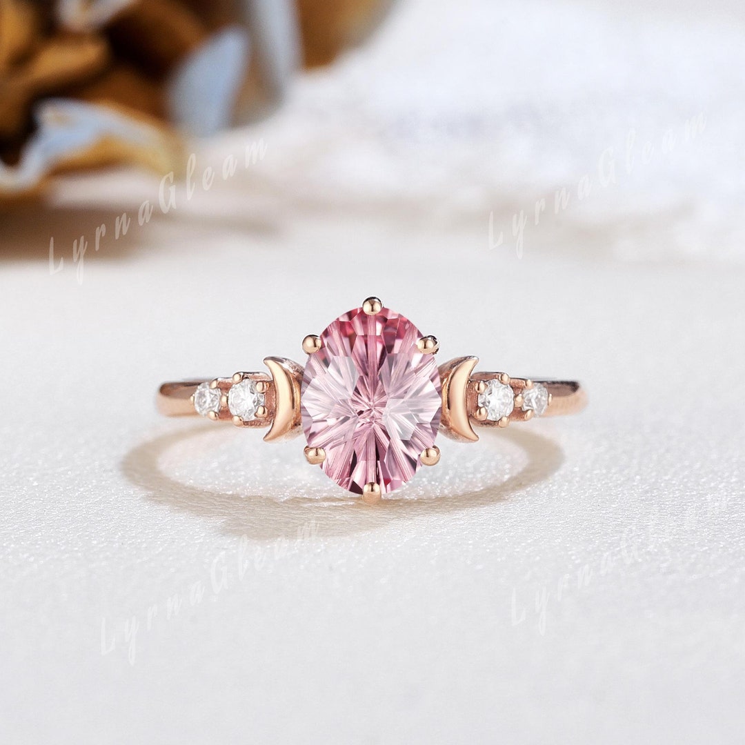 Unique Oval Firework Cut Pink Sapphire Moon Engagement Ring Rose Gold ...