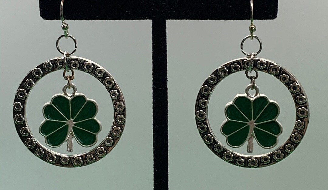 Stp Silver Hoop With Four-leaf Clover Silver Metal Charm - Etsy