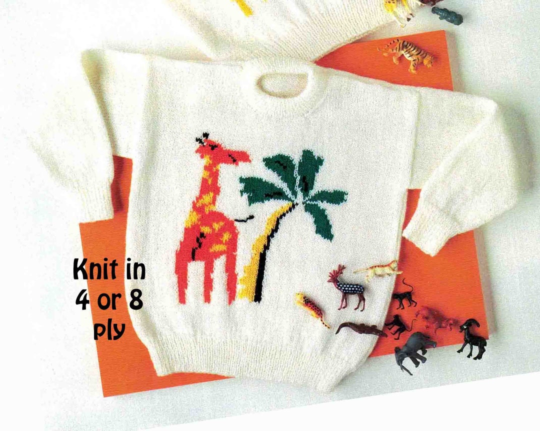 Giraffe Motif Sweater Knitting Pattern 4 or 8 Ply Pullover Jumper Child ...
