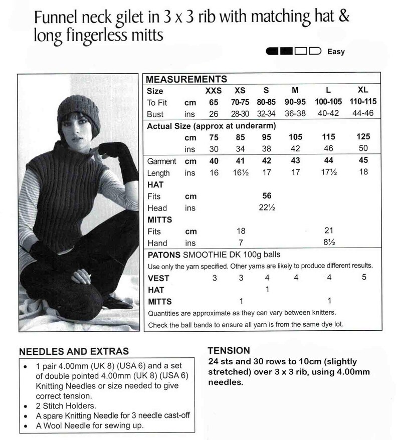 Ribbed Vest Hat & Long Fingerless Gloves Knitting Pattern EASY Knit 6 ...
