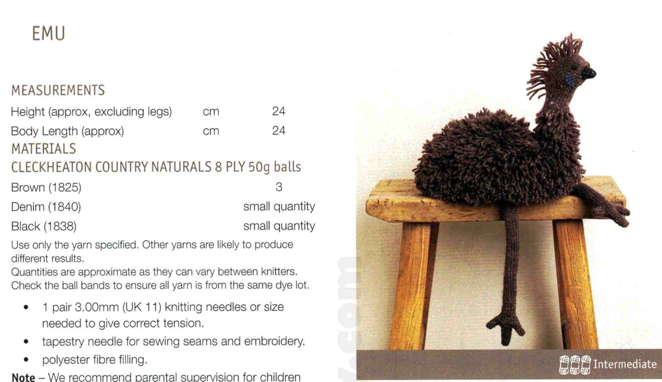 EMU Large Australian Bird Knitting Pattern DK 8ply ~ 24cm High ...