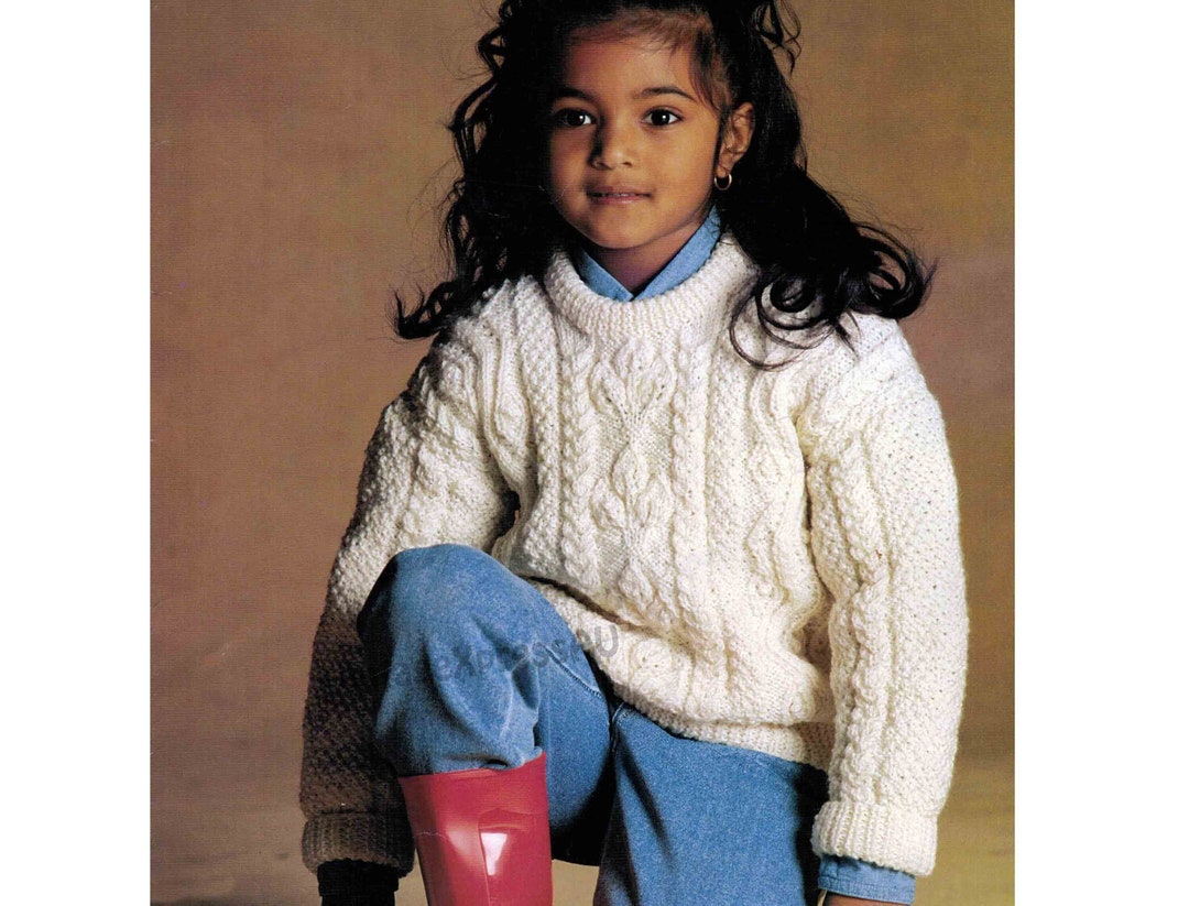 Childs Aran Sweater Knitting Pattern DK 8 Ply Children 4 Sizes 24-30 ...