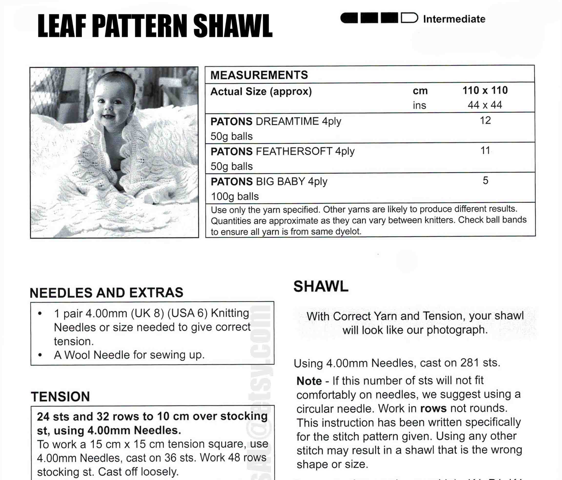 Baby Shawl Leaf Design Knitting Pattern in ENGLISH 4 Ply Fingering ...