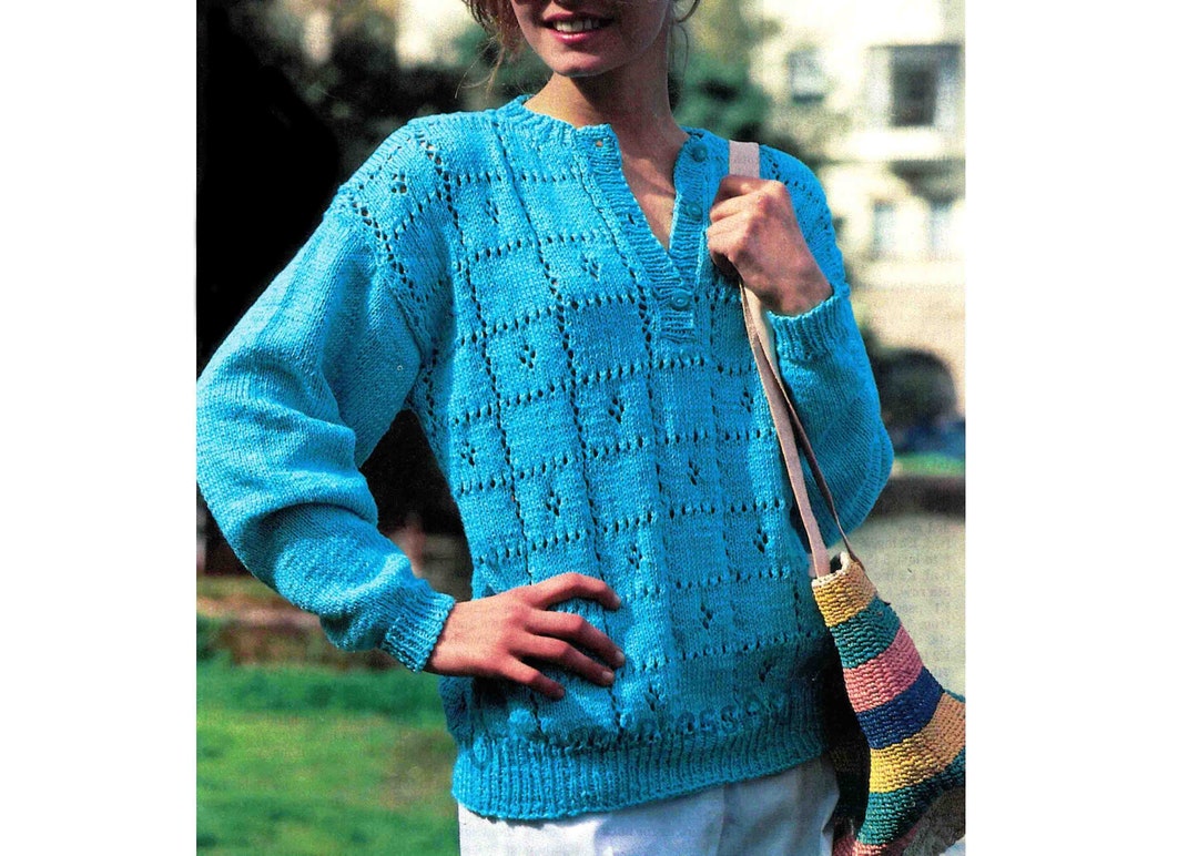 Lacy Box-stitch Sweater Shirt-style Buttoning Knitting Pattern in ...