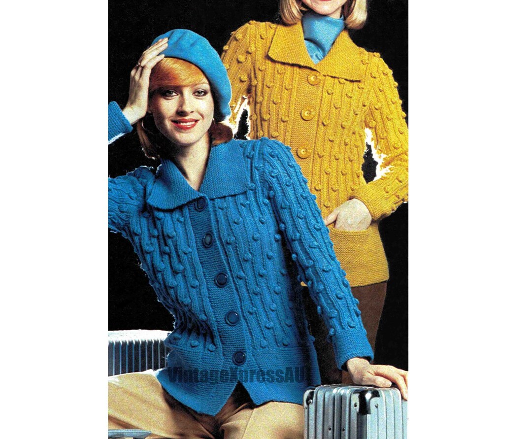 Aran Jacket Knitting Pattern Bobbles and Ribs Collar 10 Ply Lady's 32 ...