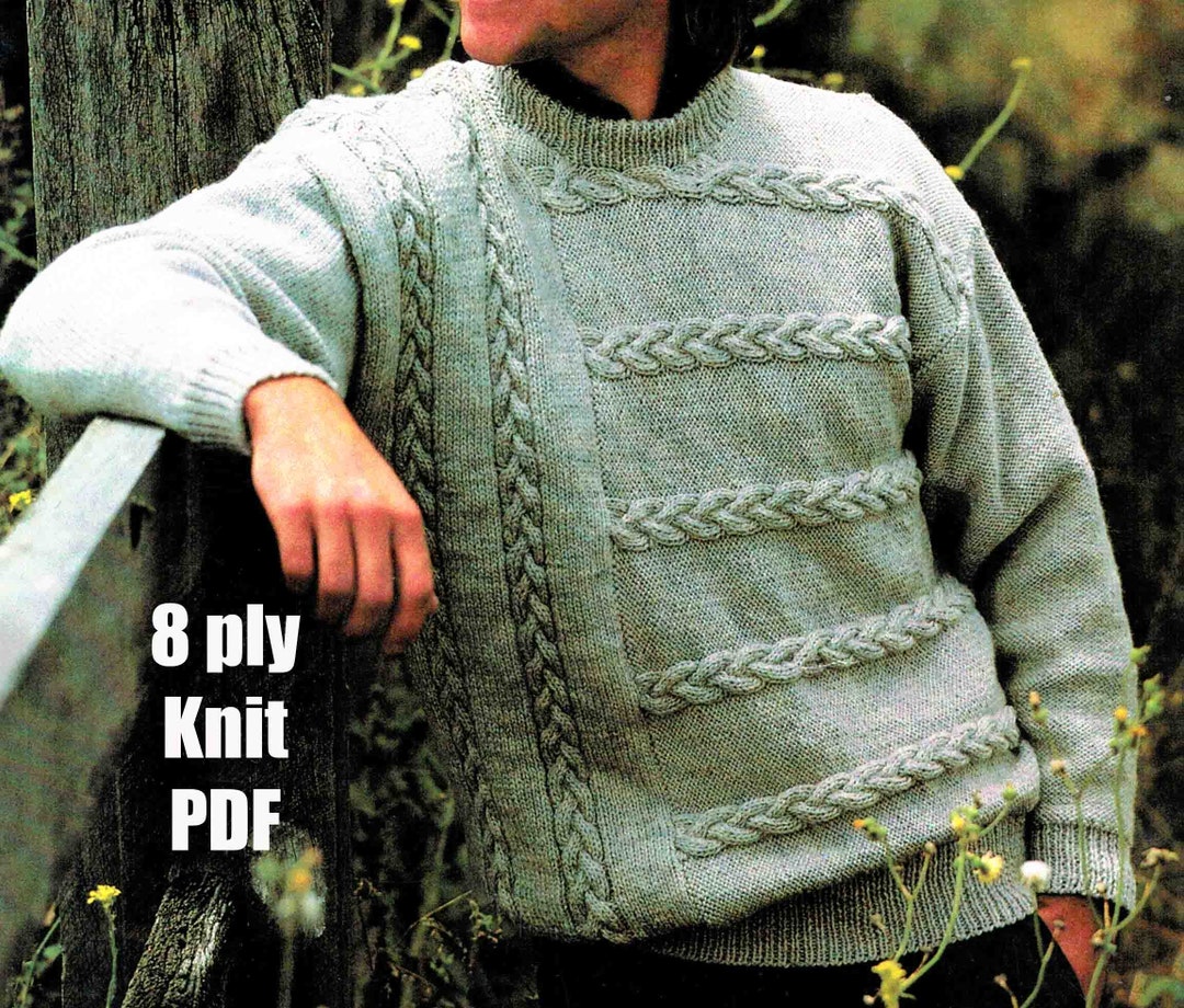 Men's Cable Sweater Knitting Pattern DK 8 Ply Easy Knit Pullover Man 5 ...