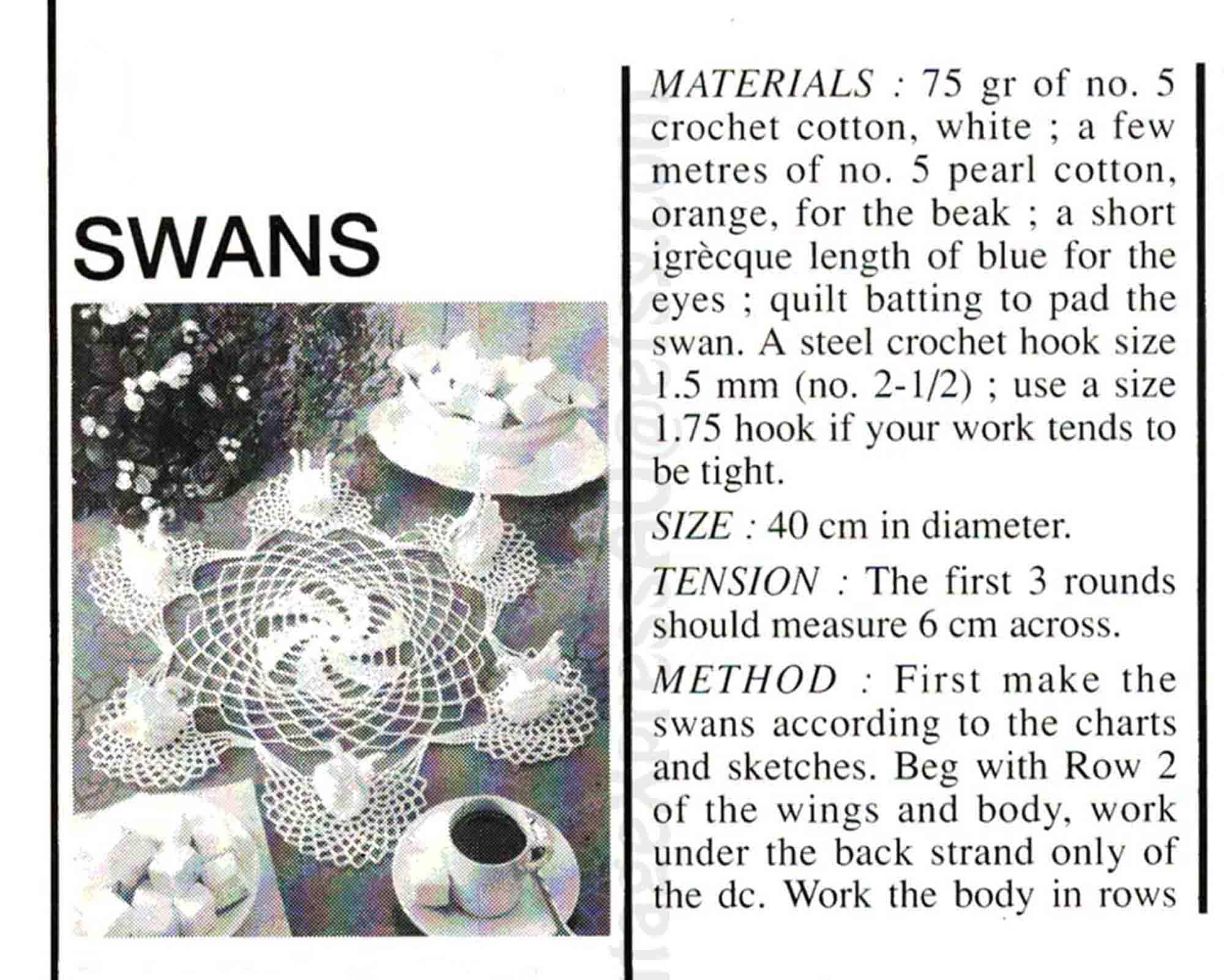 Swans Doily Filet Crochet Pattern 40cm in Diameter 15.3/4" Featuring 6 ...