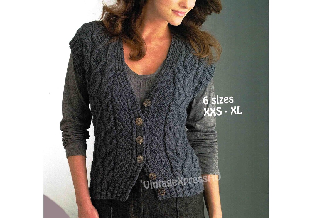 Aran Vest Knitting Pattern Buttoned Sleeveless Sweater Women 6 Sizes 26 ...