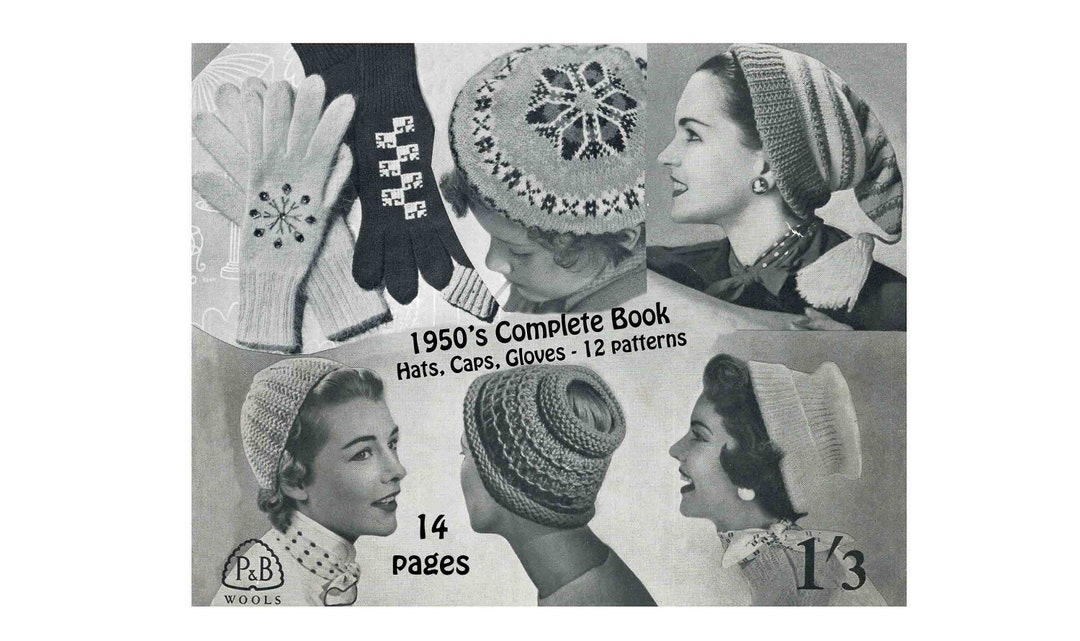 Vintage Book 1950's Hats Caps Beret Gloves 12 Knitting Patterns Fair ...