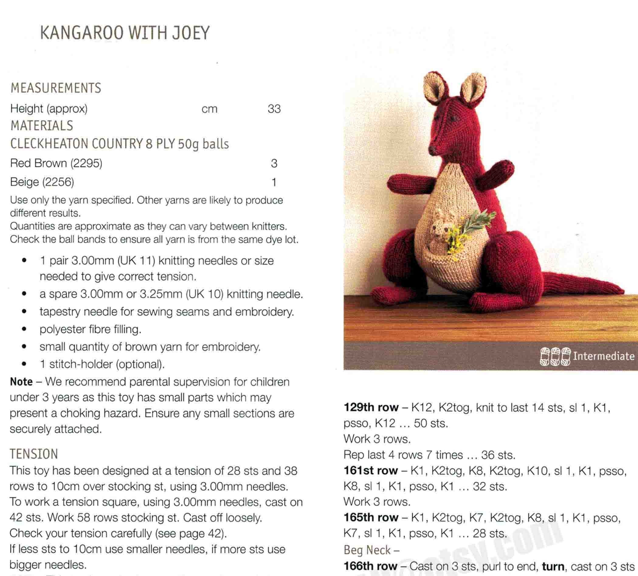 KANGAROO With JOEY Baby Finger Puppet in Pouch Knitting Pattern ...