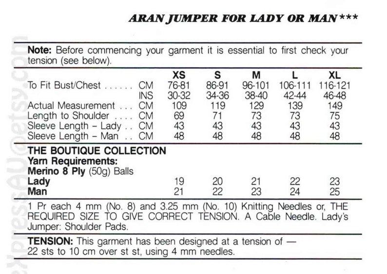 Aran Lady or Man Sweater Knitting Pattern DK 8 Ply Unisex 5 Sizes 76 ...