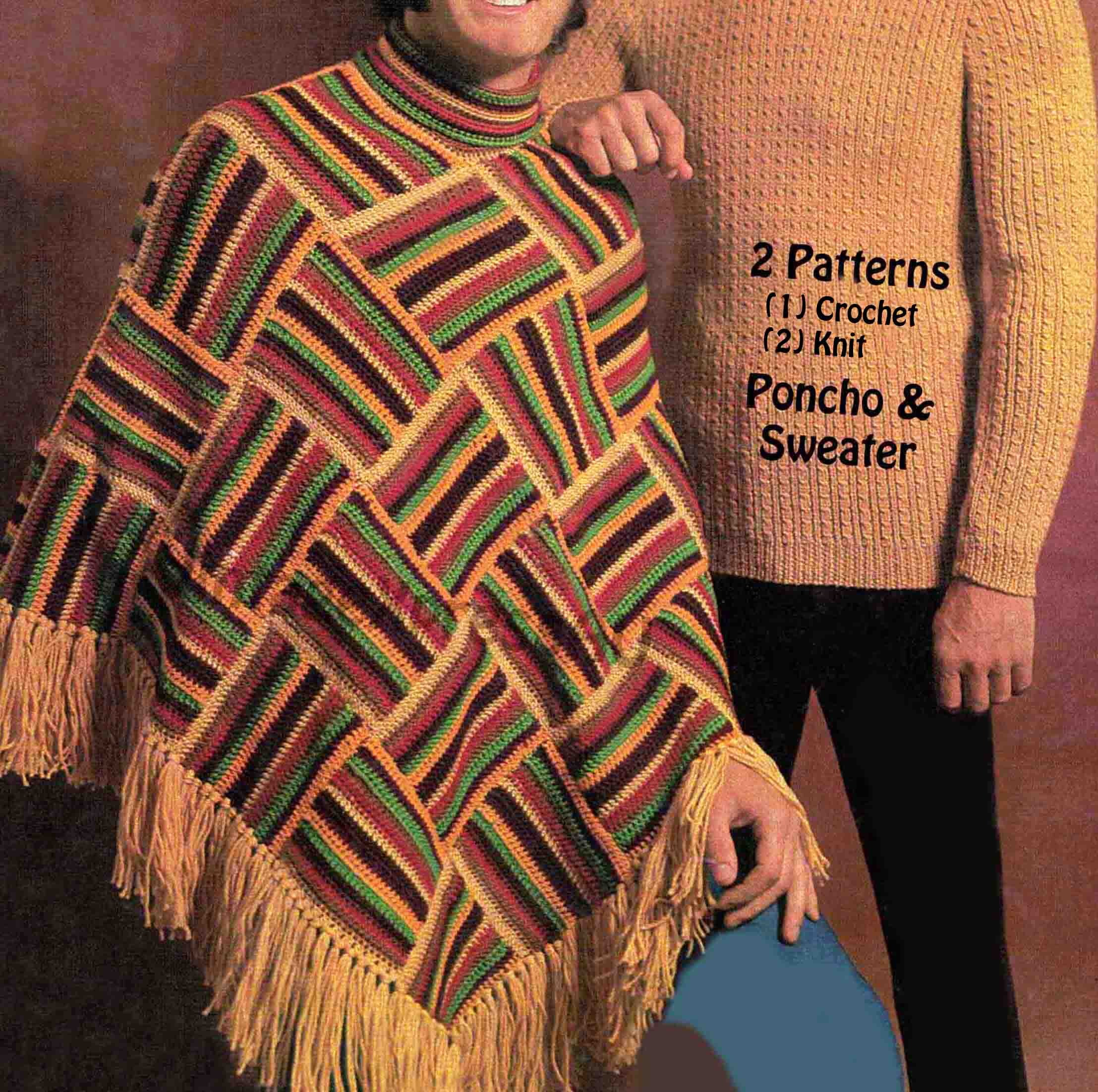 Poncho Crochet & Man's Sweater Knitting Pattern DK 8 Ply Vintage 1970's ...