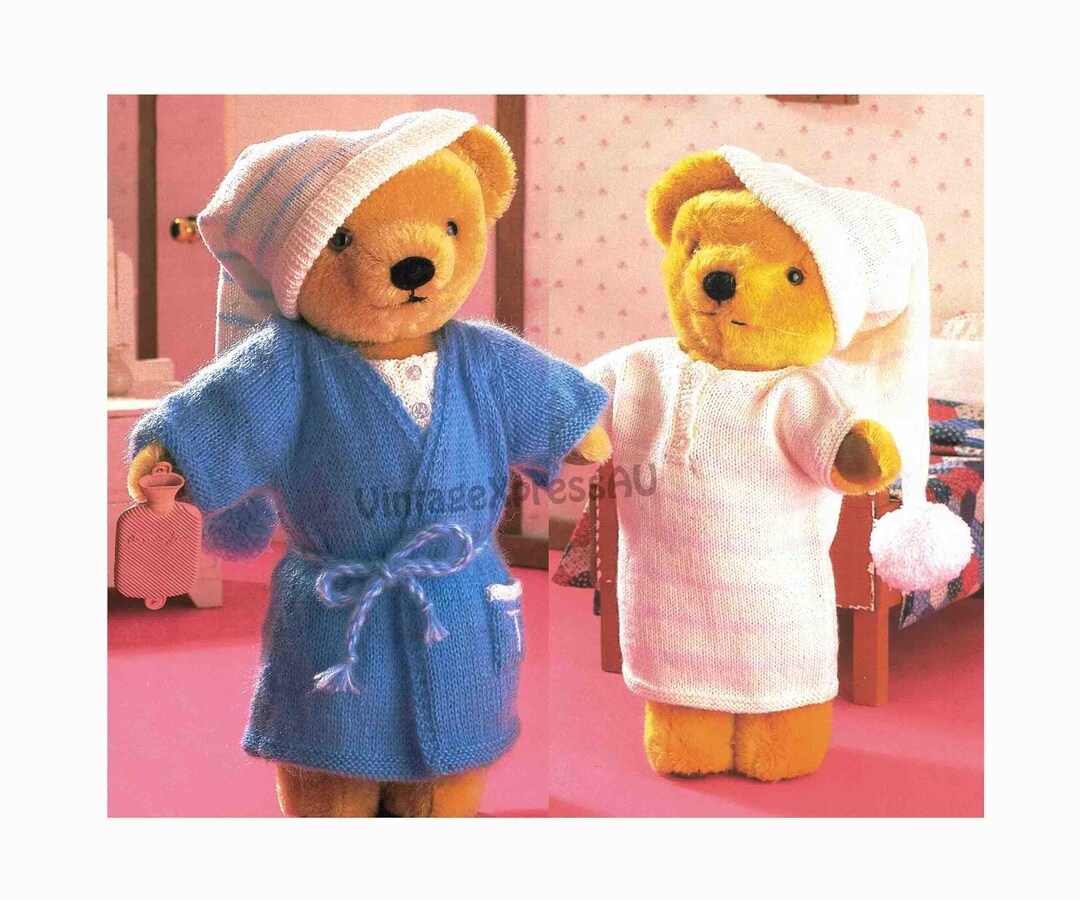 Teddy Bear Sleep Clothes Knitting Pattern Dressing Gown Cap Nightshirt ...