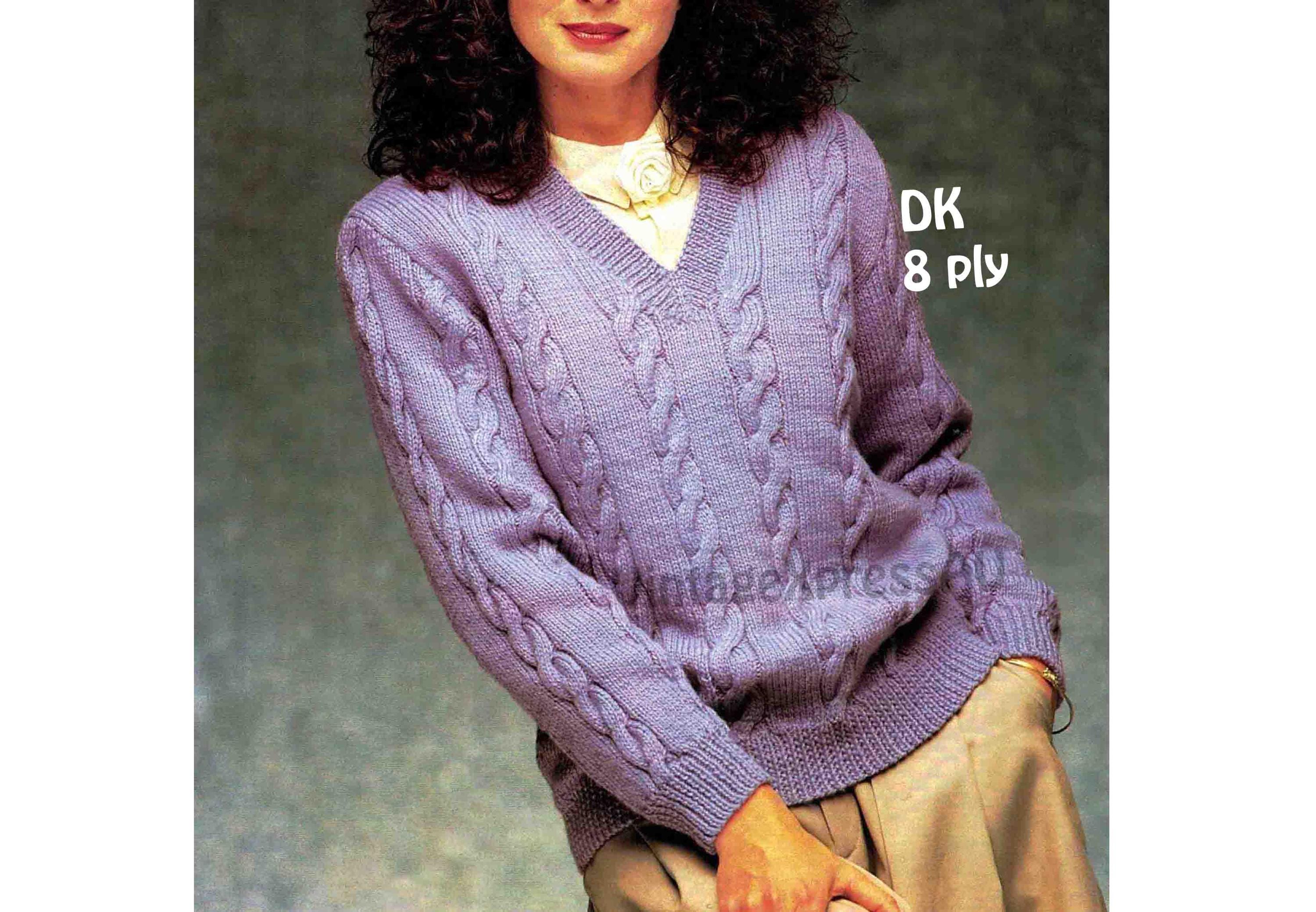 Cable Knit Sweater V-neck Knitting Pattern Women 4 Sizes 75-105cms 30 ...