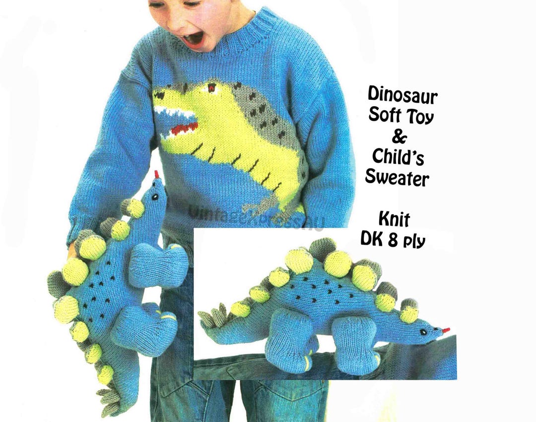 Dinosaur Soft Toy & Childs Sweater Knitting Pattern DK 8 Ply Children ...