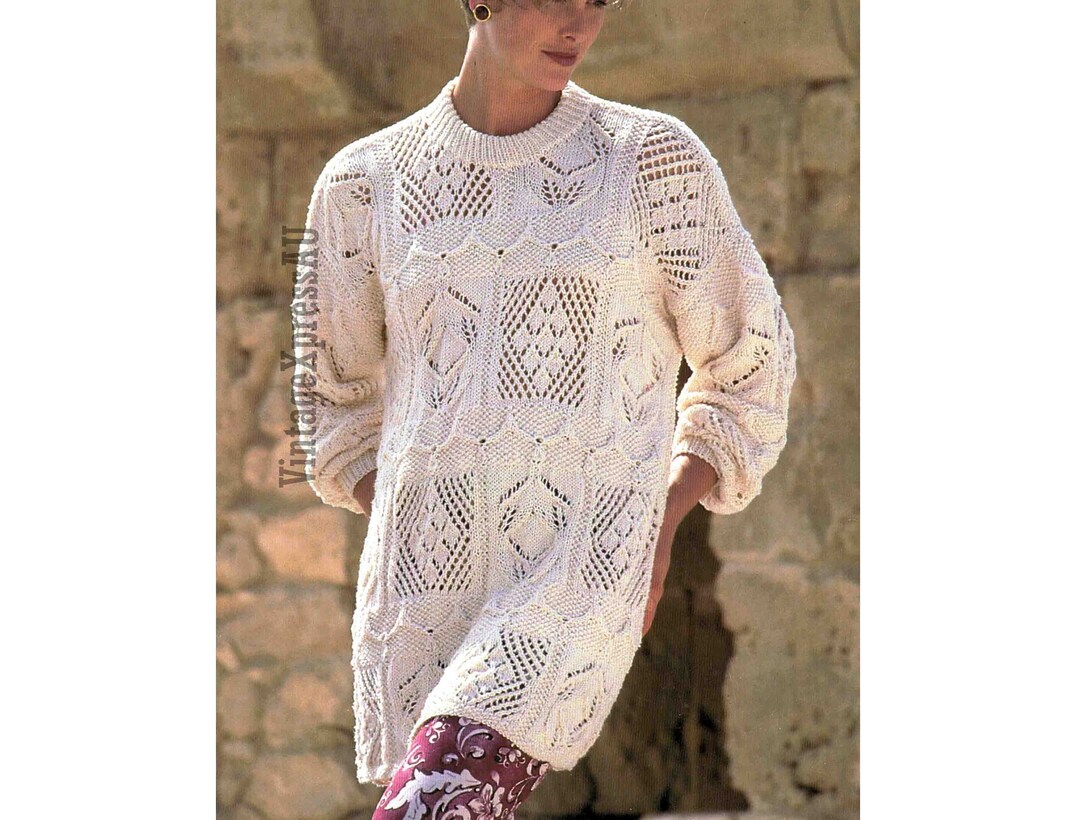 Lacy Panelled Sweater Long-line Knitting Pattern Lady's One Size 43" DK ...
