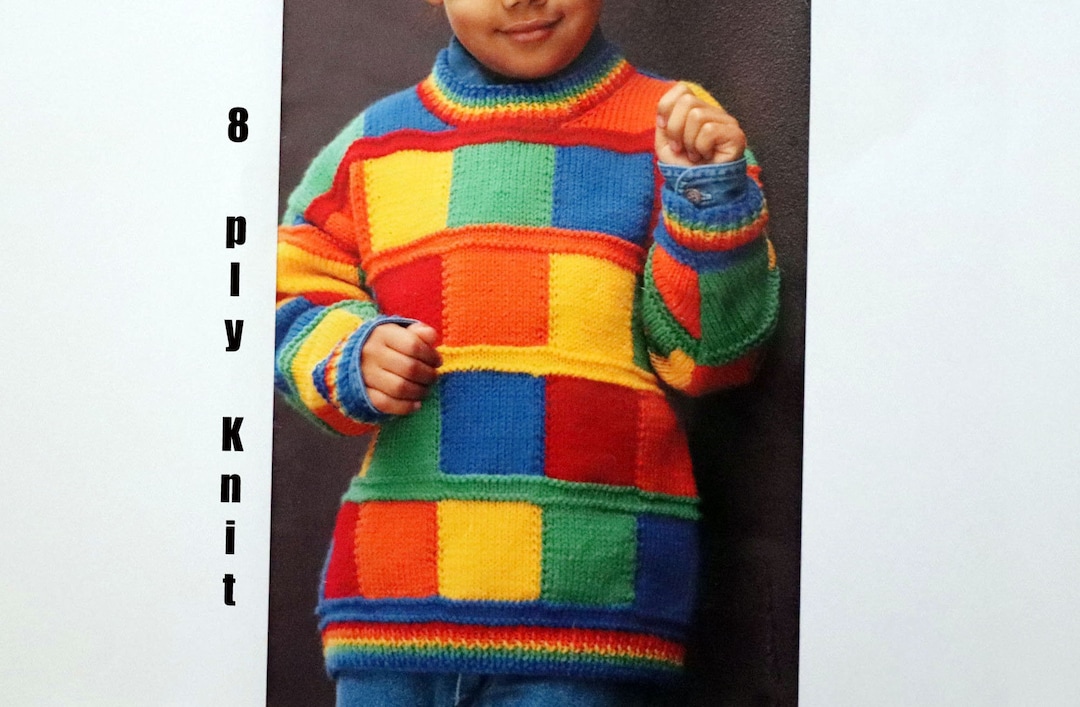 Multi Colour Sweater Child's Knitting Pattern 1-6 Years Square Colour ...