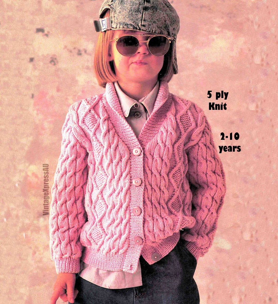 Aran Cable Knit Cardigan Child's Knitting Pattern 5 Ply Shawl Collar ...