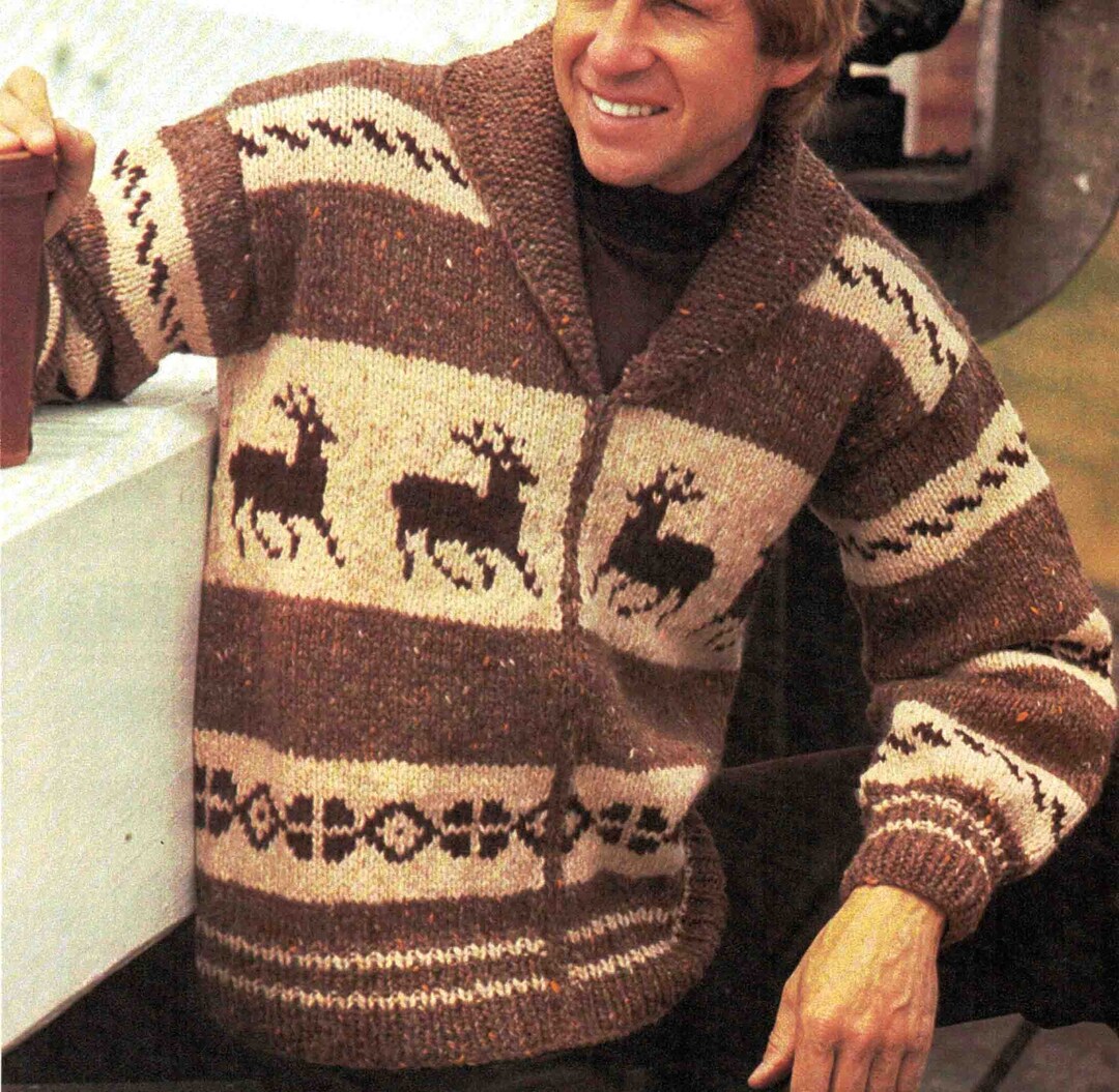 Bulky Jacket Knitting Pattern in ENLISH Deer Motif Shawl Collar 12 Ply ...