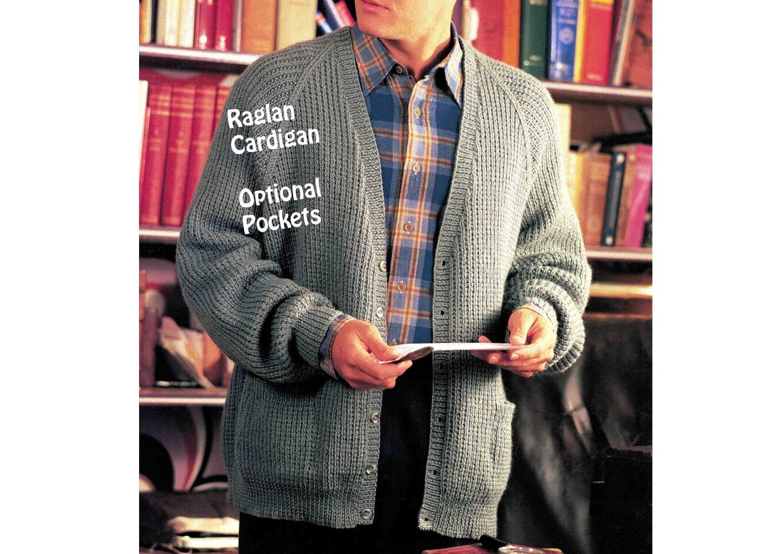 Raglan Men's Cardigan Jacket EASY Knitting Pattern S-M-L 90-115cms ...