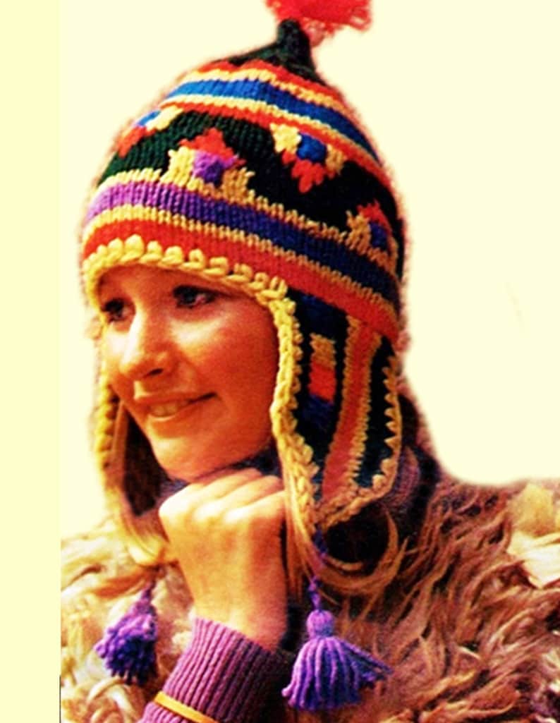 Peruvian Cap Ear Flaps Knitting Pattern in ENGLISH 3 Tassels Vintage 1970's Chunky 12 Ply ...