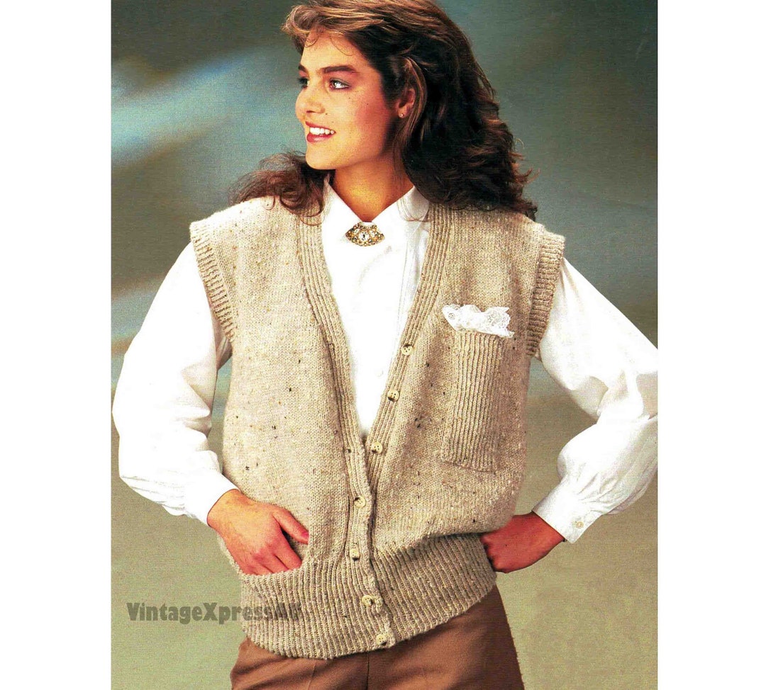 Sleeveless Sweater Vest Knitting Pattern Button up DK 8 Ply Lady's 4 ...