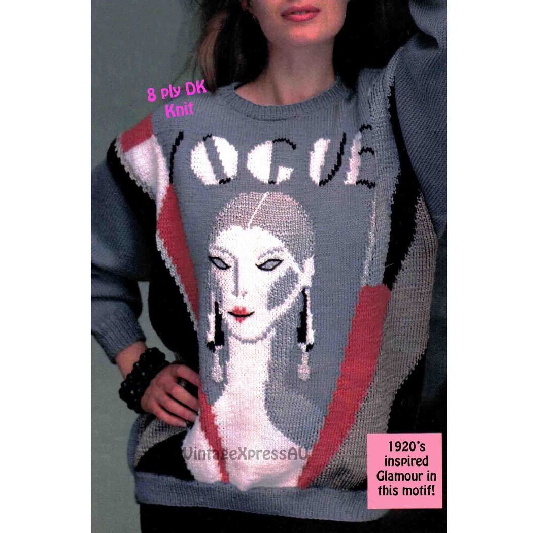 Vogue Art Deco Motif Sweater Knitting Pattern DK 8 Ply Women's 3 Sizes ...