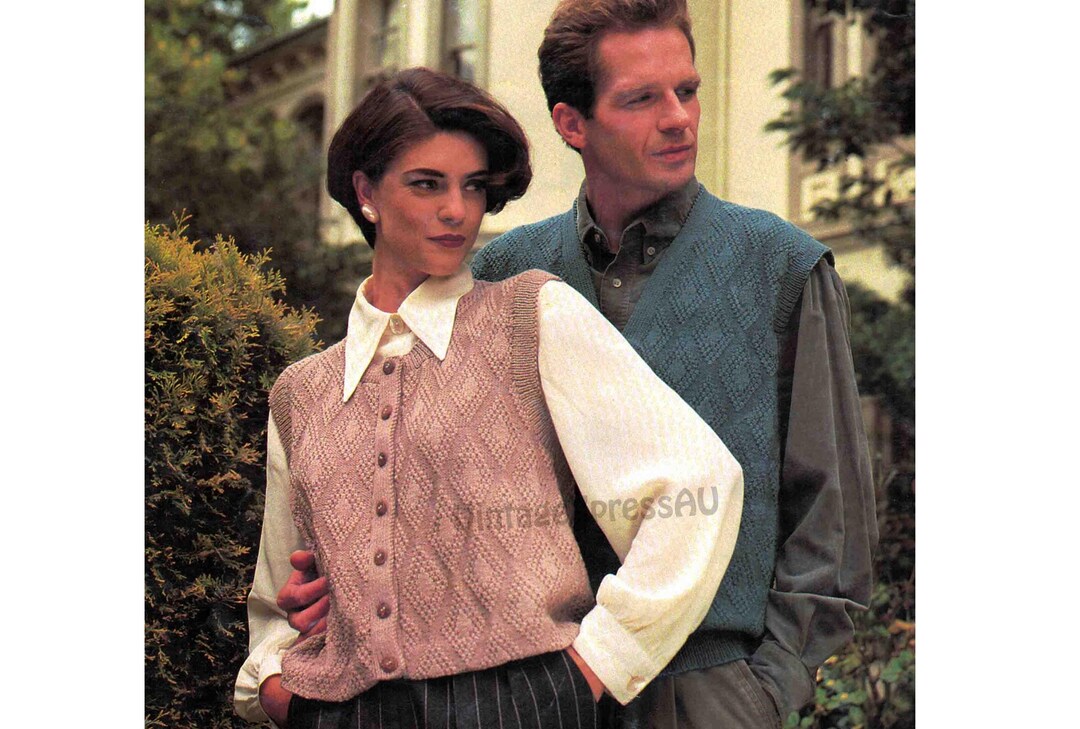 Diamond Patterned Vest His or Hers Knitting Pattern Buttoned Waistcoat ...