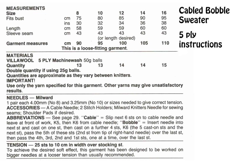 Cable Bobble Sweater Knitting Pattern Women 5 Sizes 30-38in 75-95cms ...