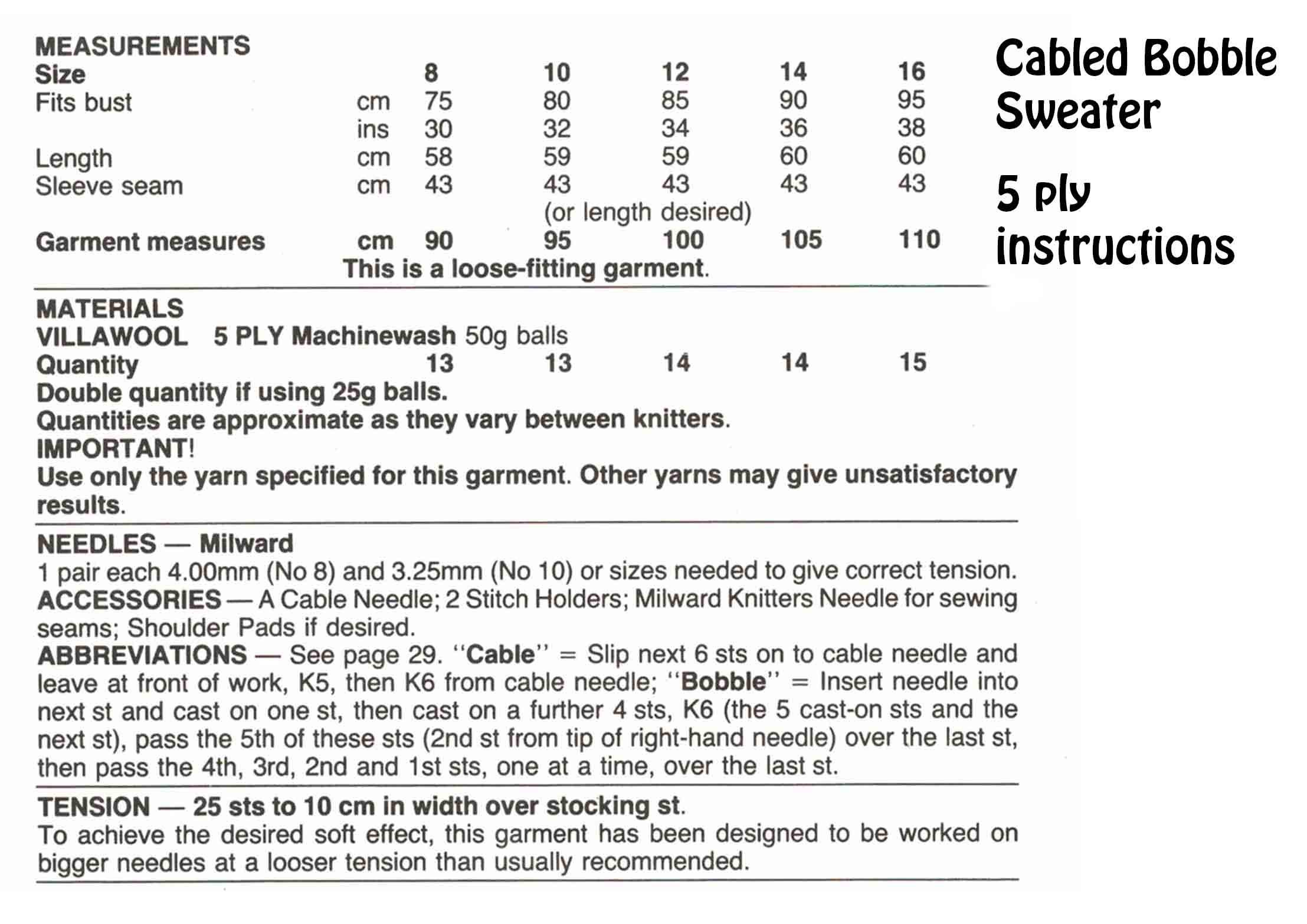 Cable Bobble Sweater Knitting Pattern Women 5 Sizes 30-38in 75-95cms ...