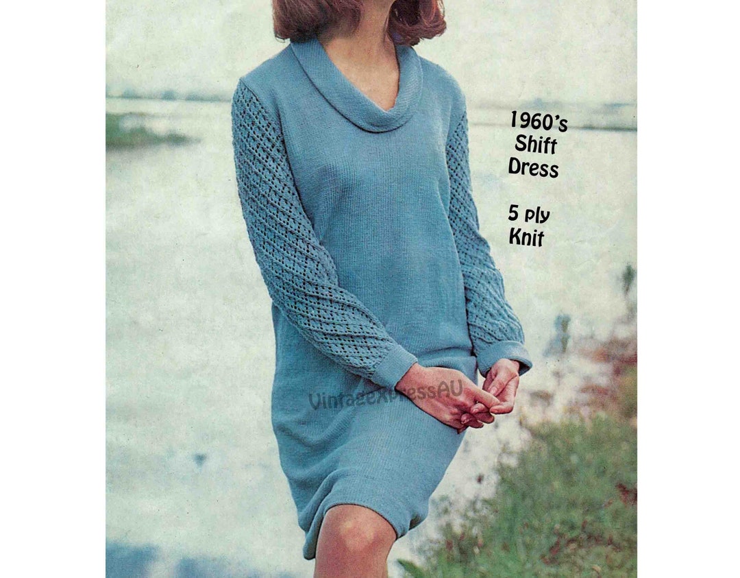 Shift Dress 1960's Knitting Pattern in ENGLISH Draped Neckline Eyelet ...