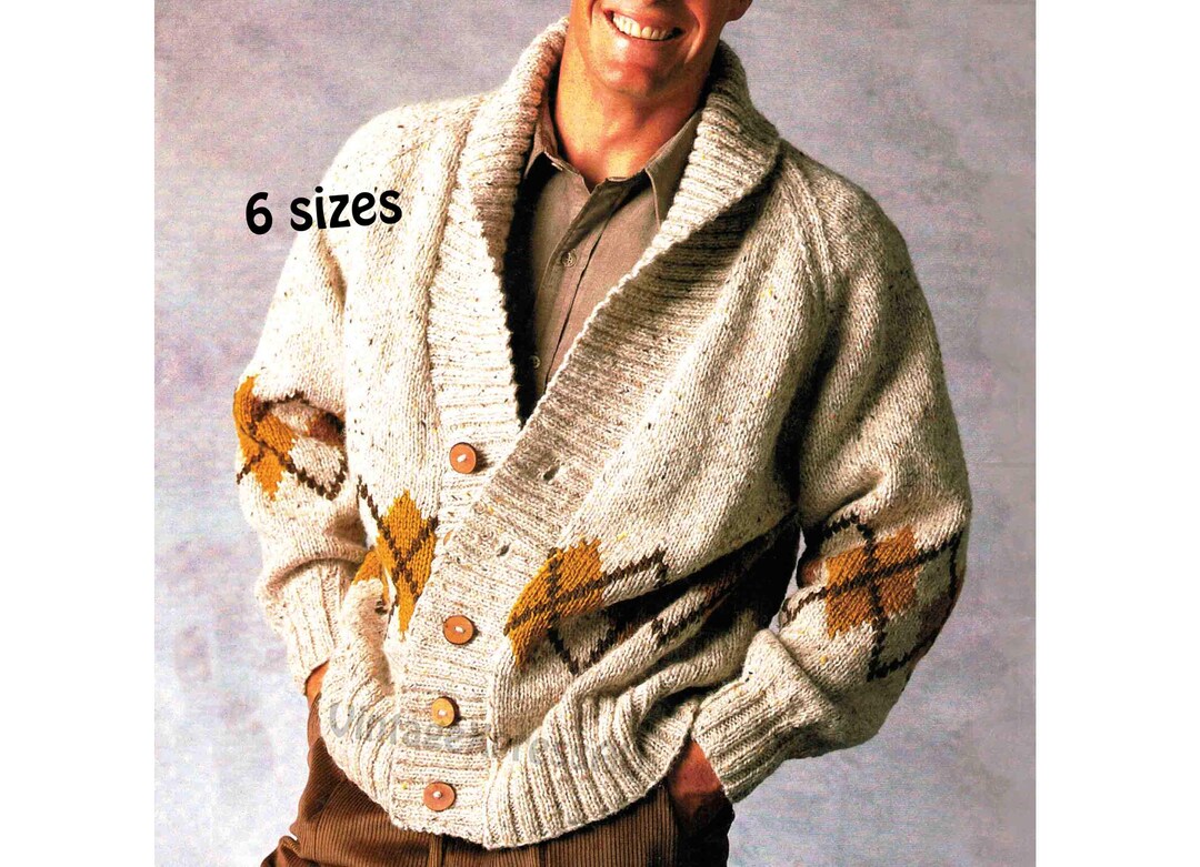 Shawl Collar Fair Isle Jacket Cardigan Knitting Pattern Men 6 Sizes 36 ...