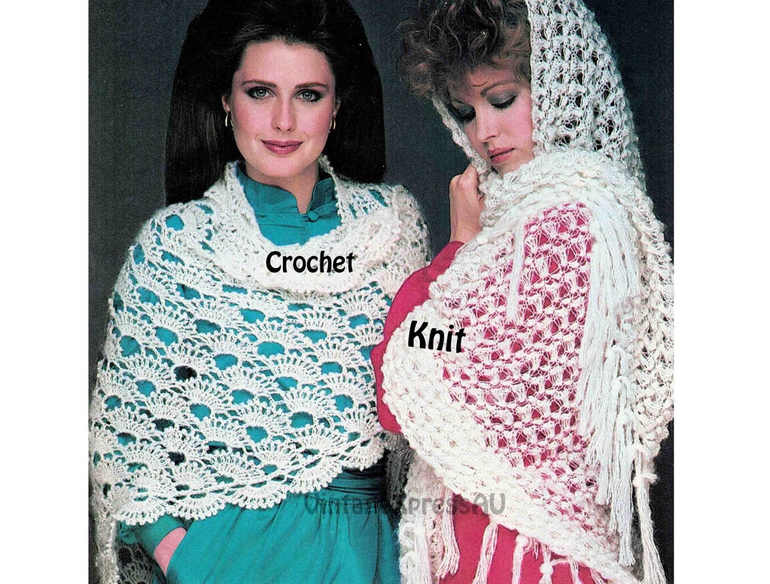 Shawl X 2 Knit and Crochet 2 Ply Pattern Triangle Crocheted 80" X 40 ...