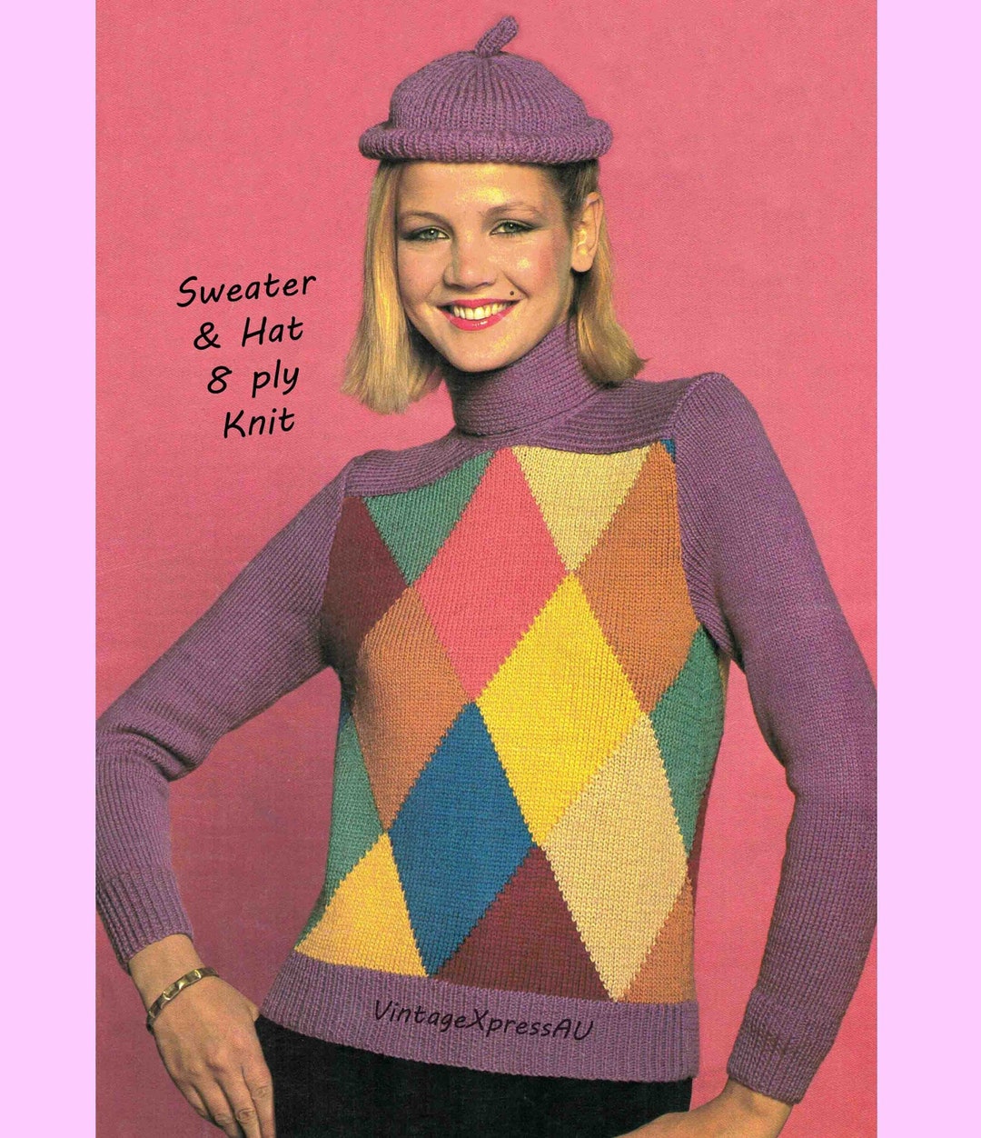 Diamond Pattern Sweater & Ribbed Cap Knitting Pattern 8 Ply DK Women's ...