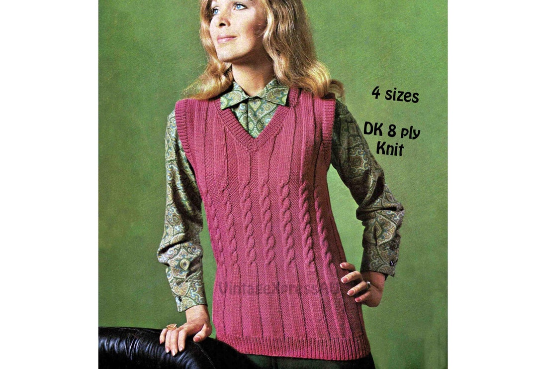Cabled Sleeveless Vest Knitting Pattern DK 8 Ply Women 4 Sizes 32-38in ...