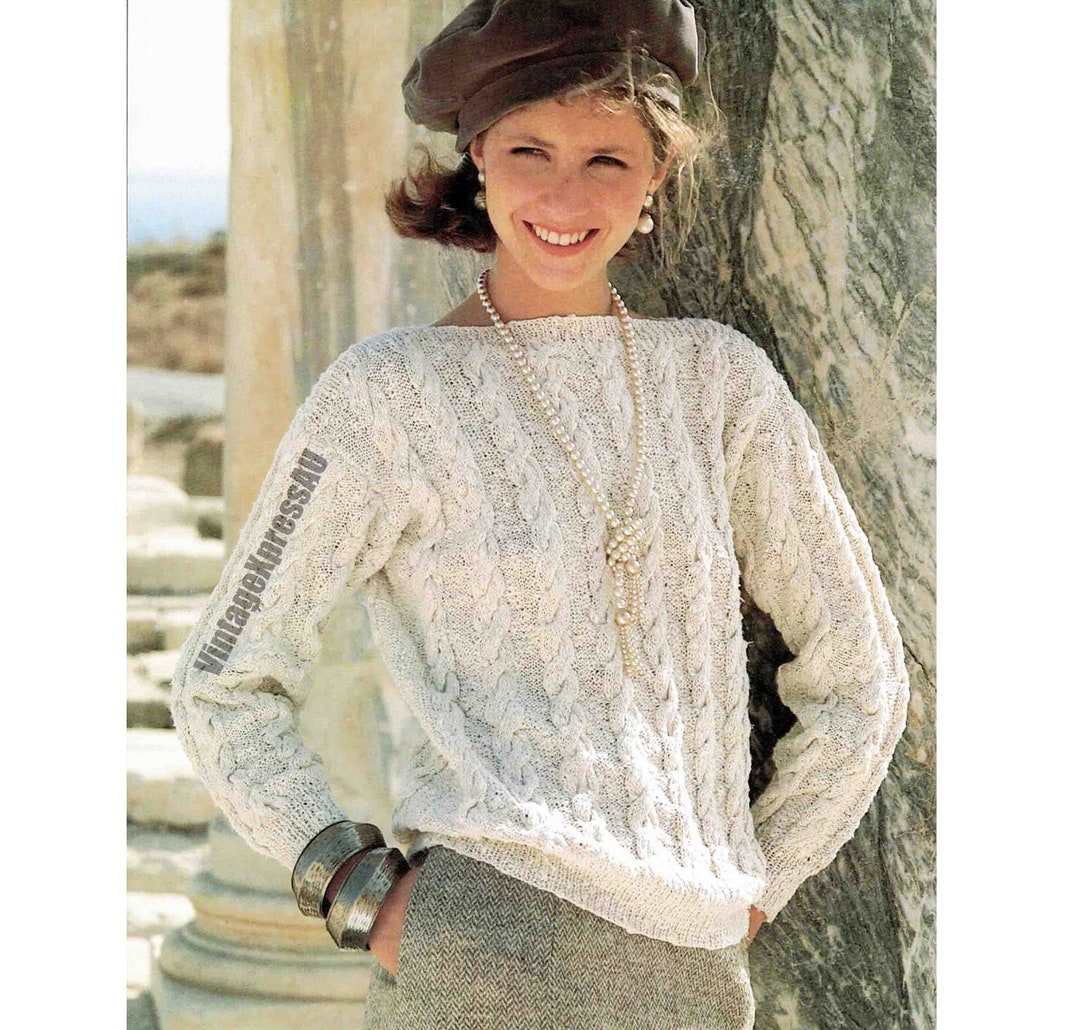 Lady's Cable Sweater Linen Look Knitting Pattern in ENGLISH 8 Ply DK ...