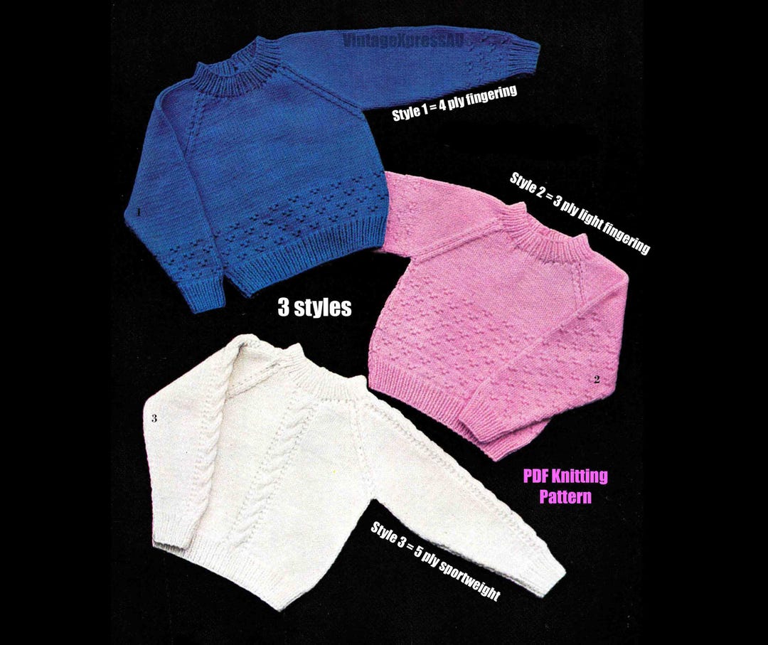 Baby Raglan Sweaters 3 Styles Knitting Pattern Each Style Knitted in ...